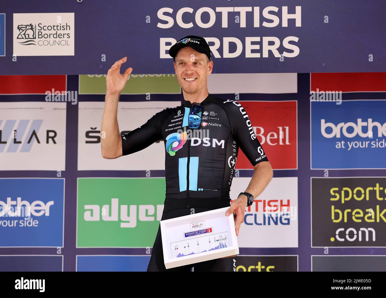Stage winner Cees Bol of Team DSM on the podium after stage two of the ...