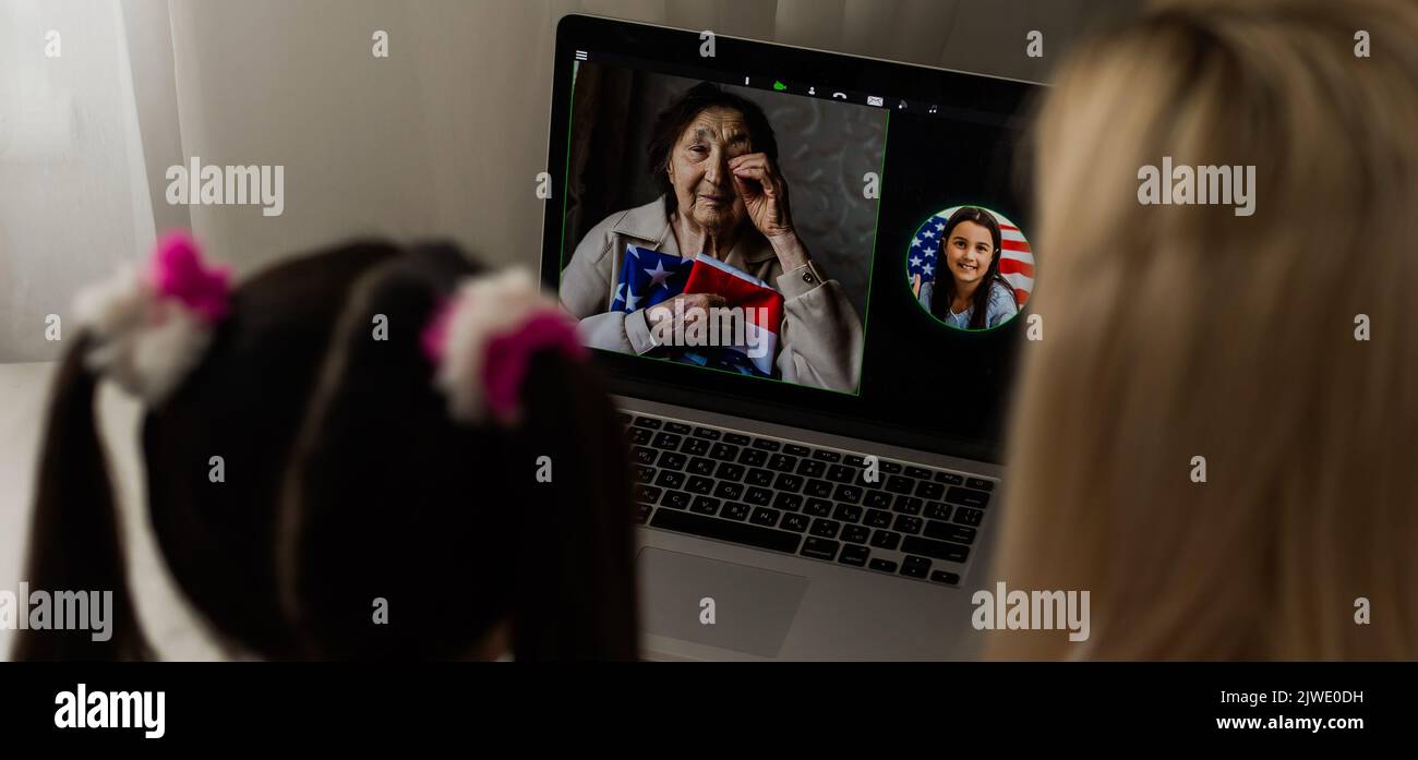 Online education of children. Mother and daughter of preschool watching ...