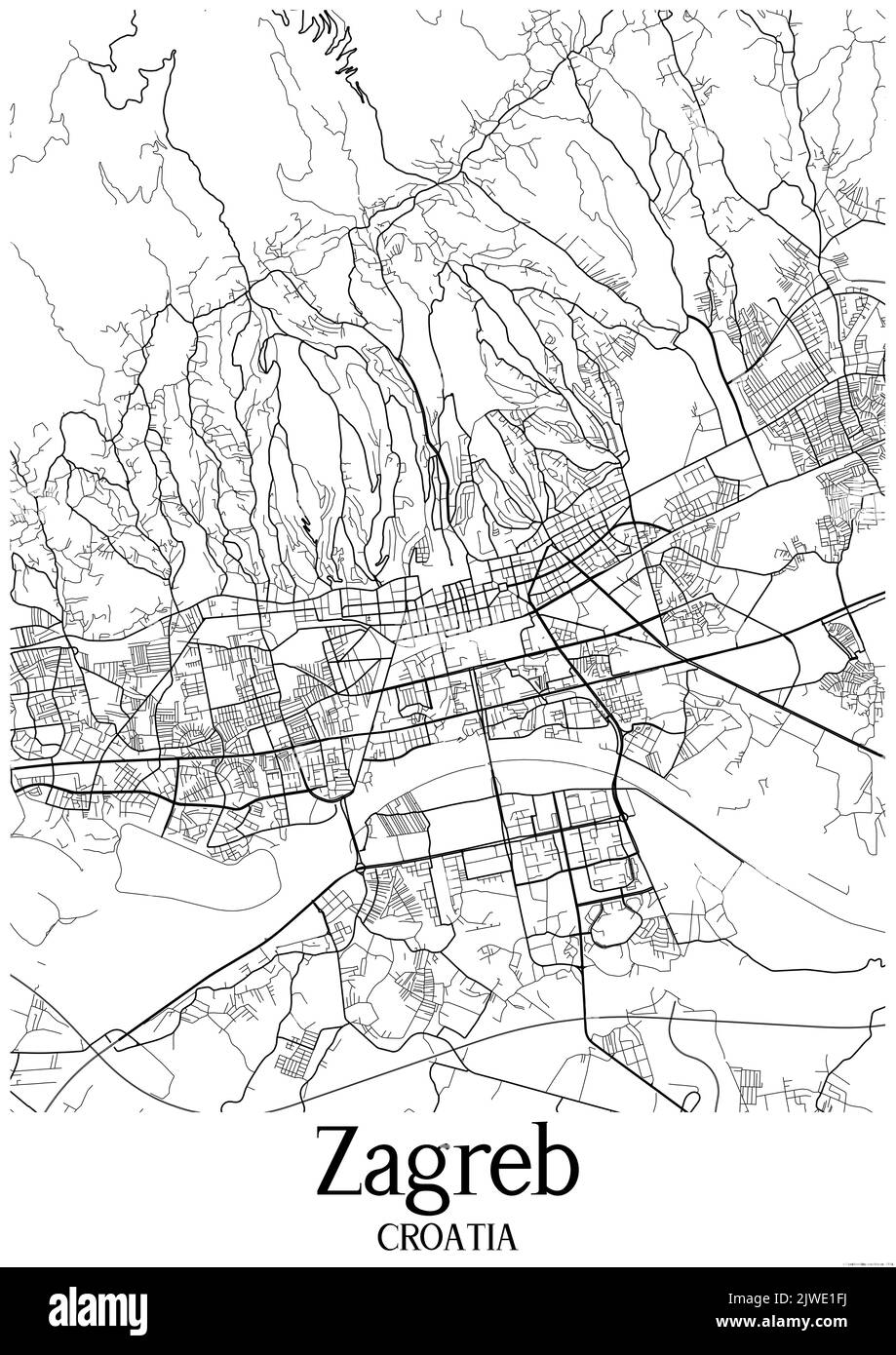Black and white urban map of zagreb Stock Photo - Alamy