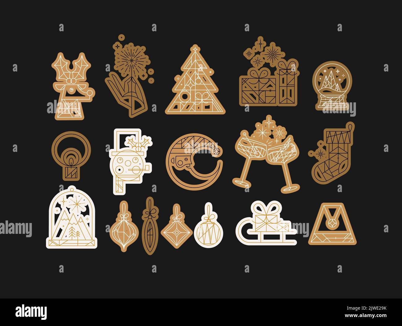 Set of christmas icons drawing in art deco vintage style on black ...