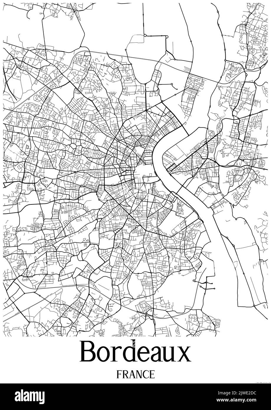 Black and white classic urban map of Bordeaux France.This map contains ...