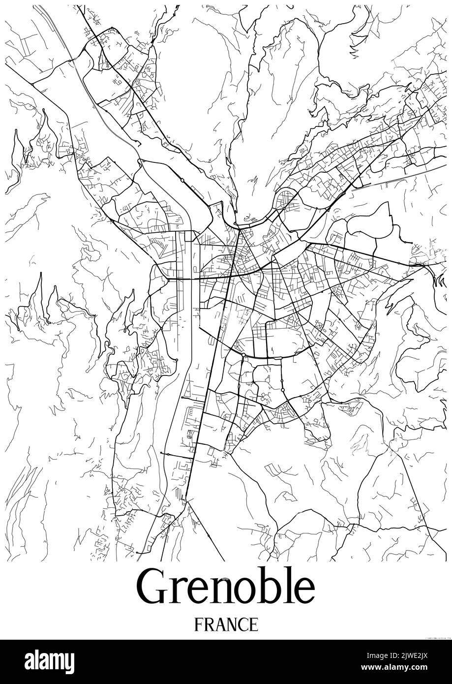 Black and white classic urban map of Grenoble France.This map contains ...