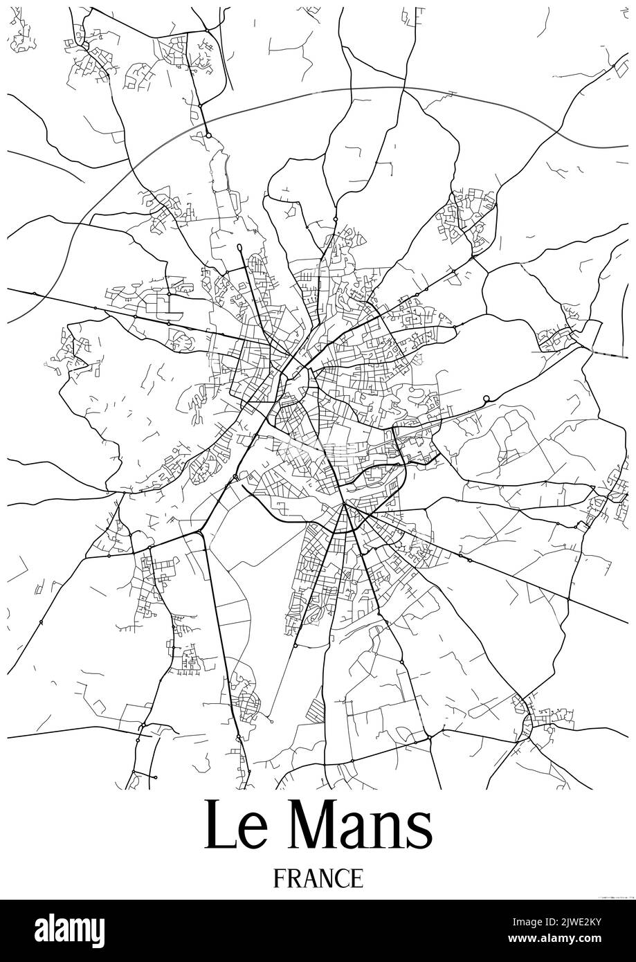 Black and white classic urban map of Le Mans France.This map contains ...