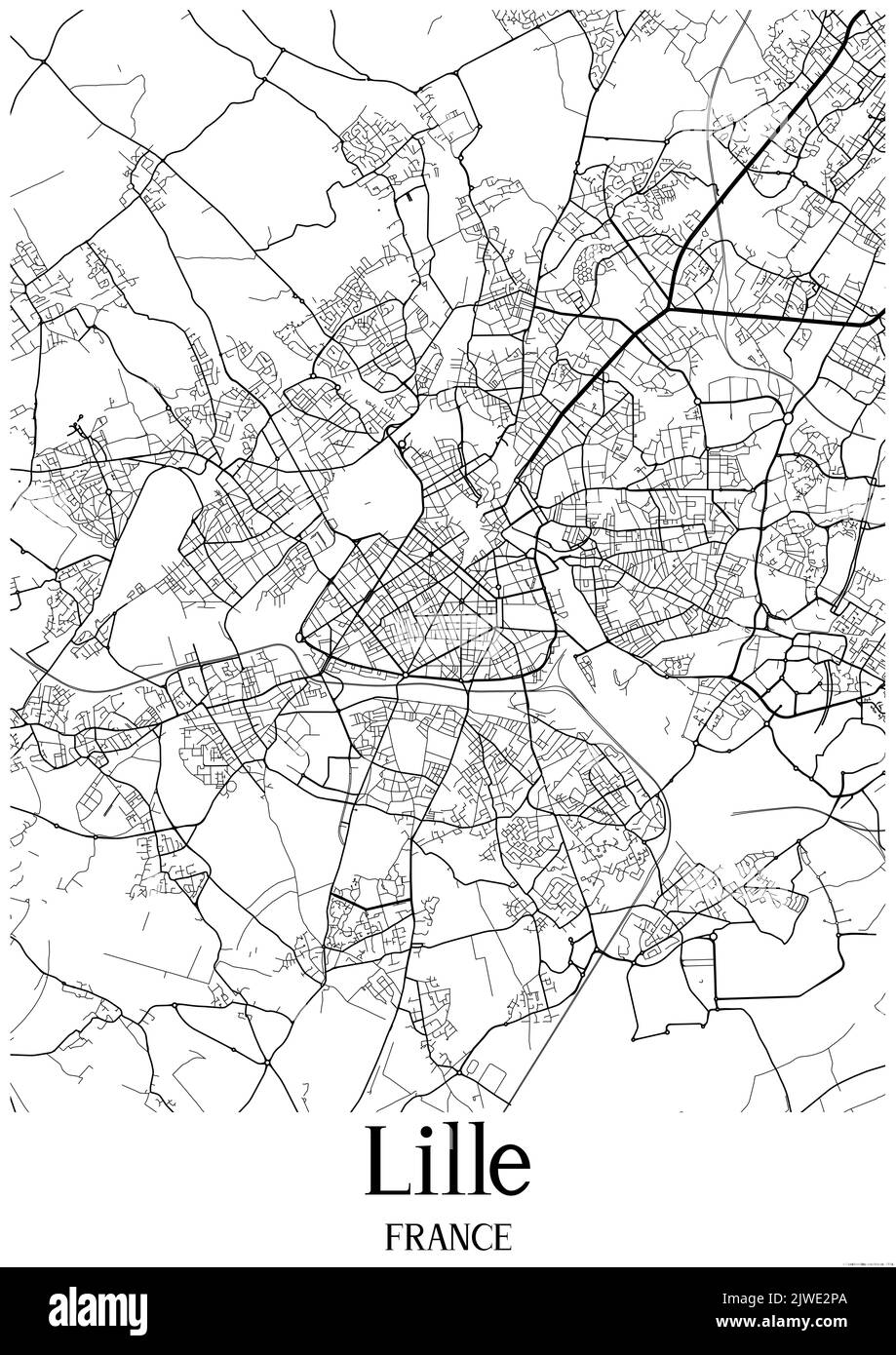 Black and white classic urban map of Lille France.This map contains ...