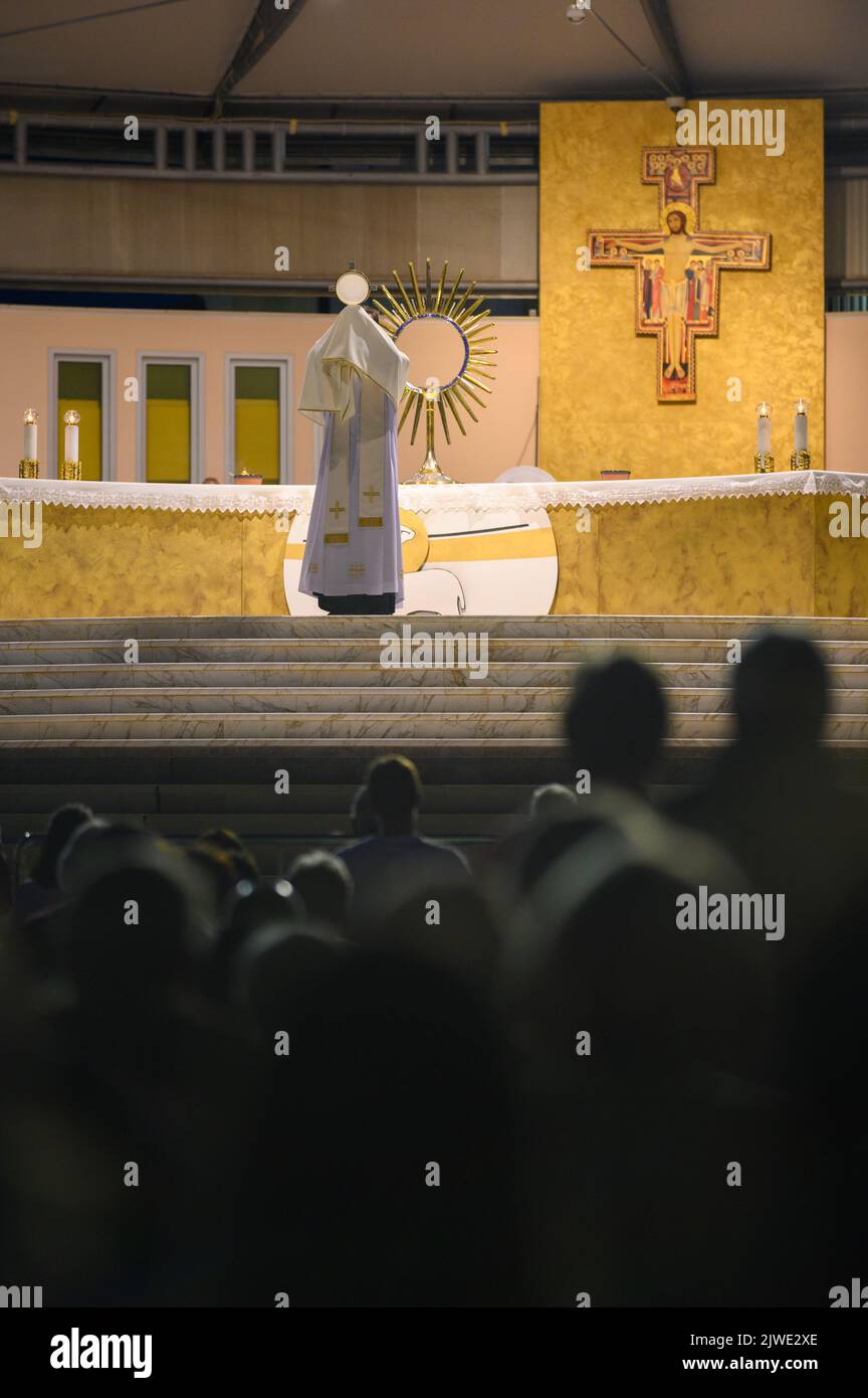 A priest blessing the faithful with the Blessed Sacrament at the ...