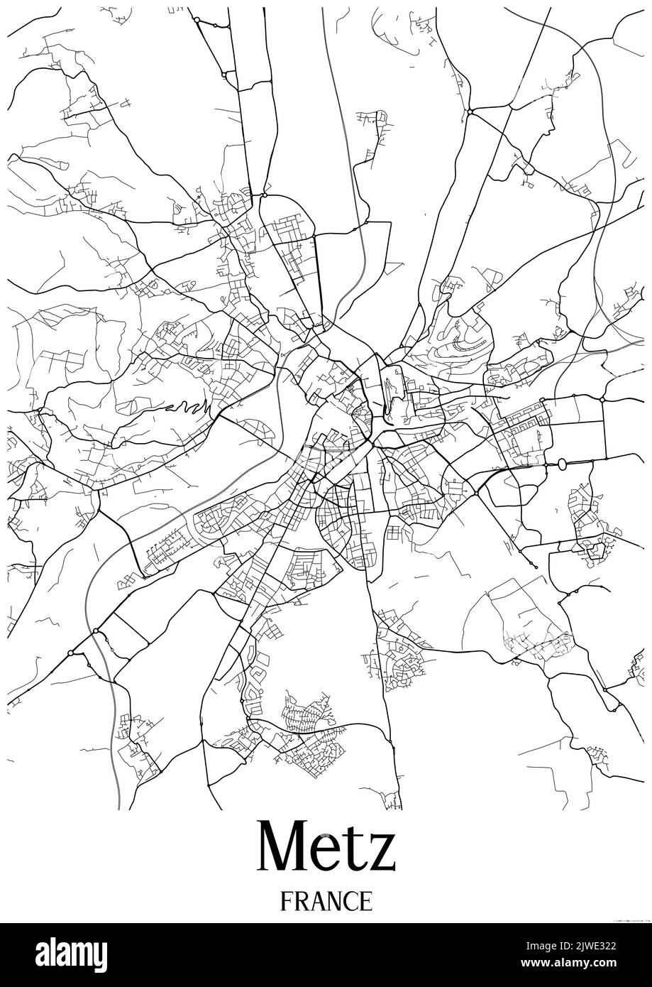 Black and white classic urban map of Metz France.This map contains ...