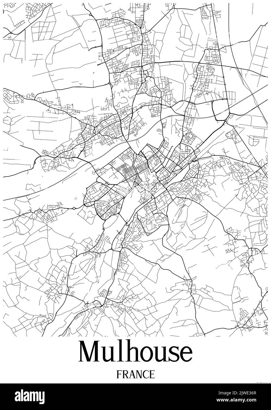 Black and white classic urban map of Mulhouse France.This map contains ...