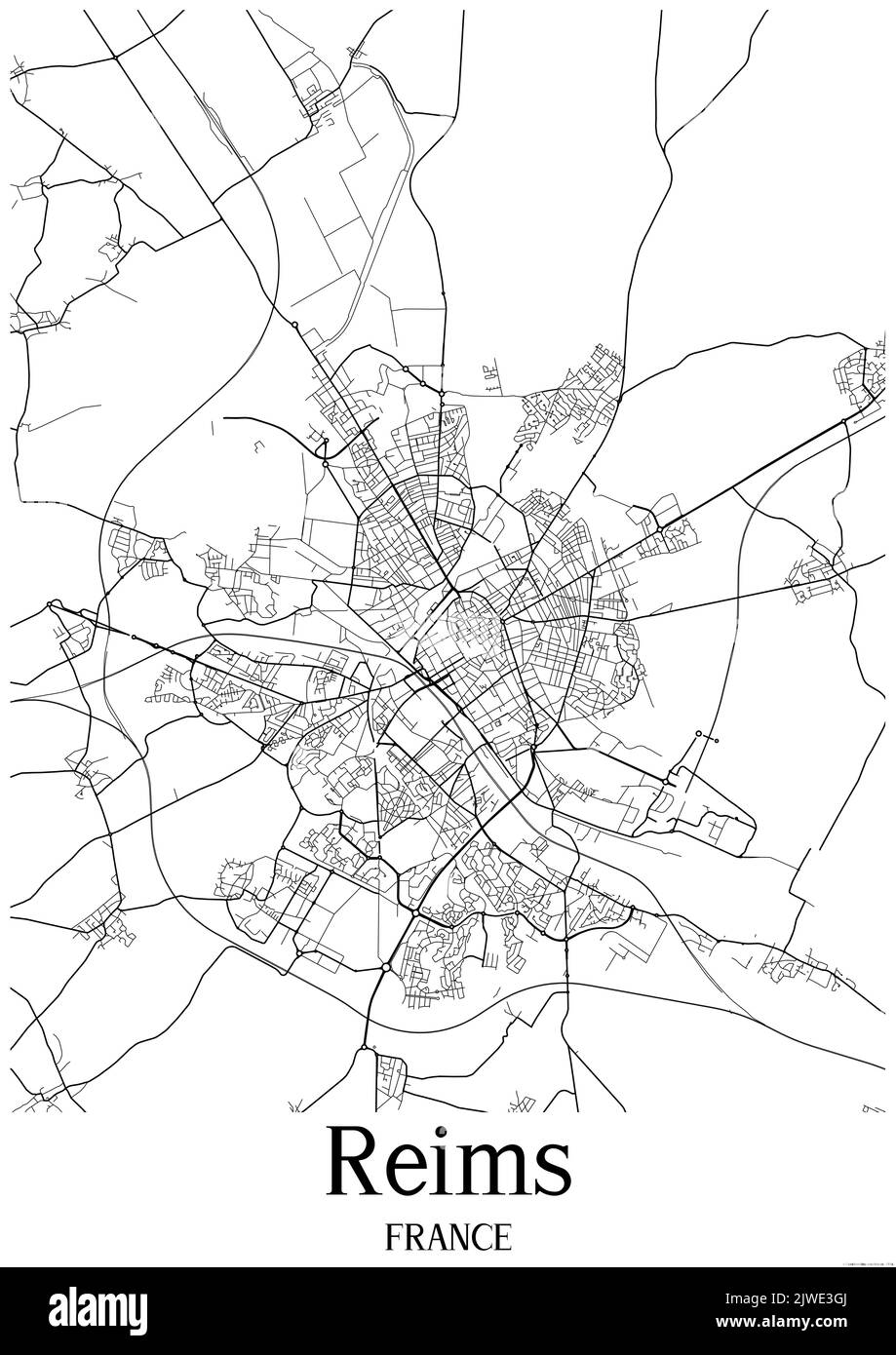 Black and white classic urban map of Reims France.This map contains ...