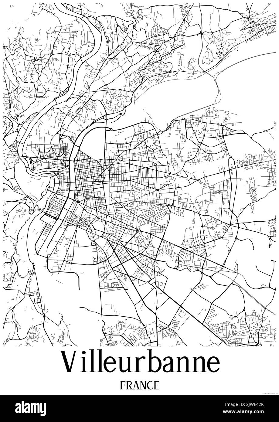 Black and white classic urban map of Villeurbanne France.This map ...