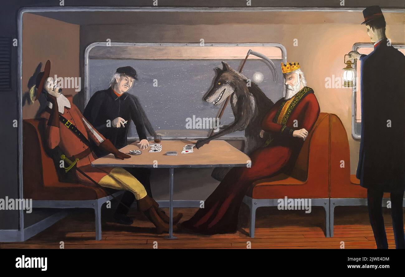 Strange, surreal scene of a man playing cards against the Wolf of Time ...