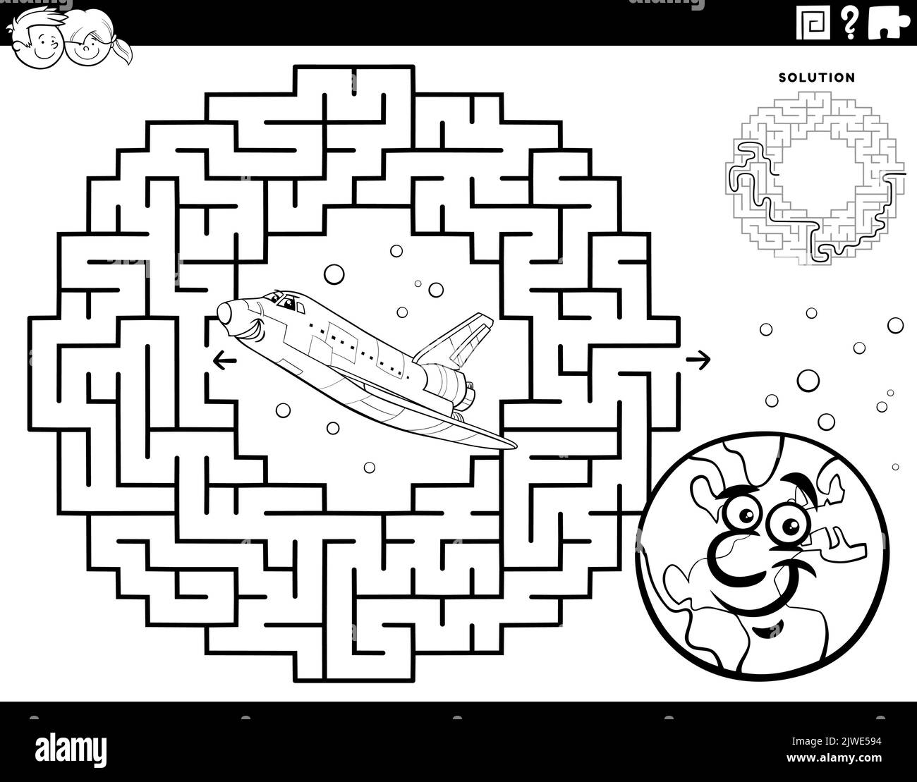 Black and white cartoon illustration of educational maze puzzle game ...