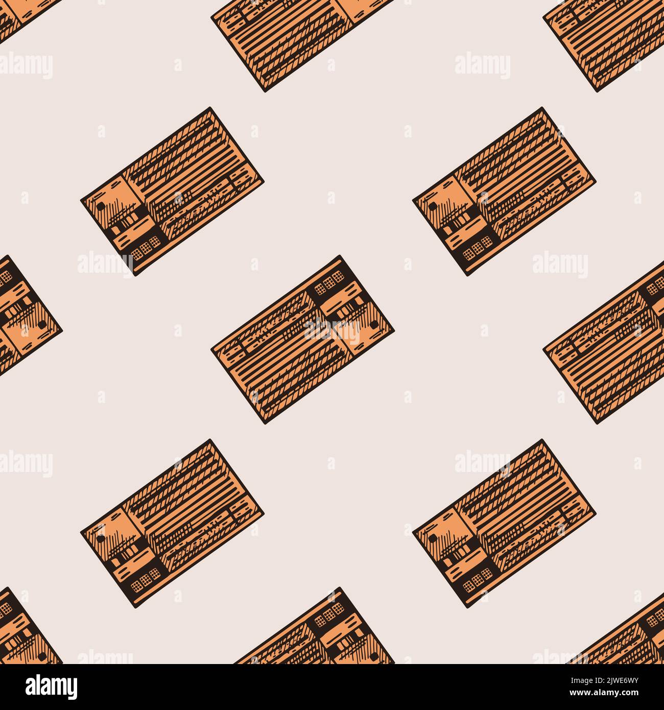 Retro radio engraved seamless pattern. Vintage media equipment in hand ...