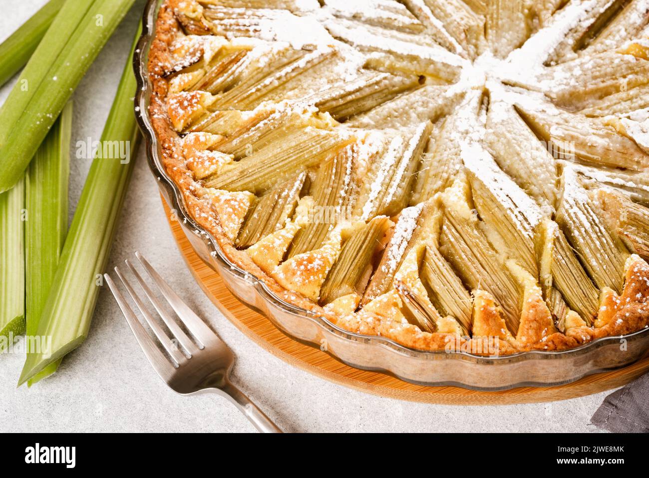 Closeup view of homemade rhubarb geometric pie with almond frangipane ...