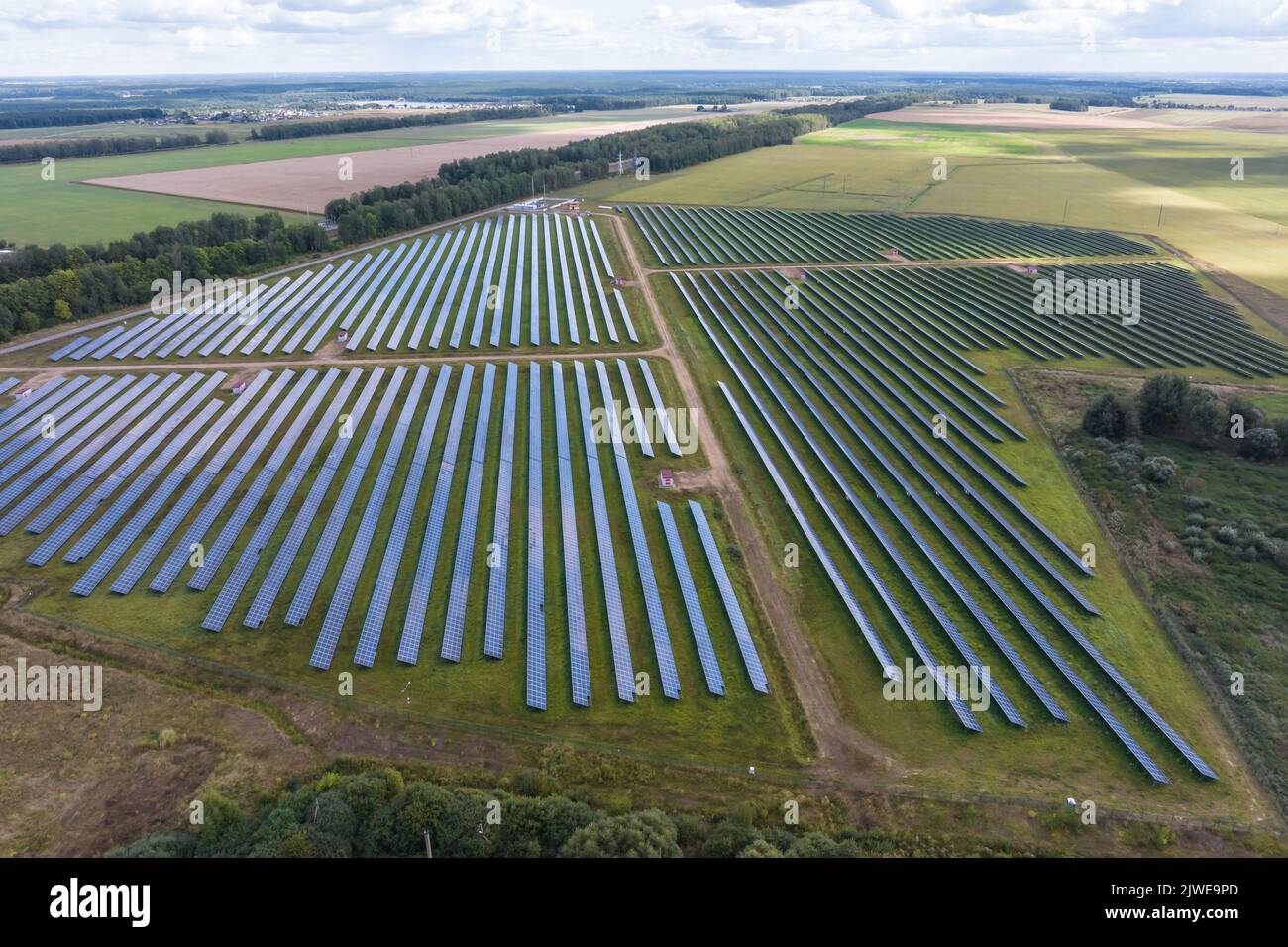 aerial view on farm field of solar panels. Renewable solar energy Stock ...