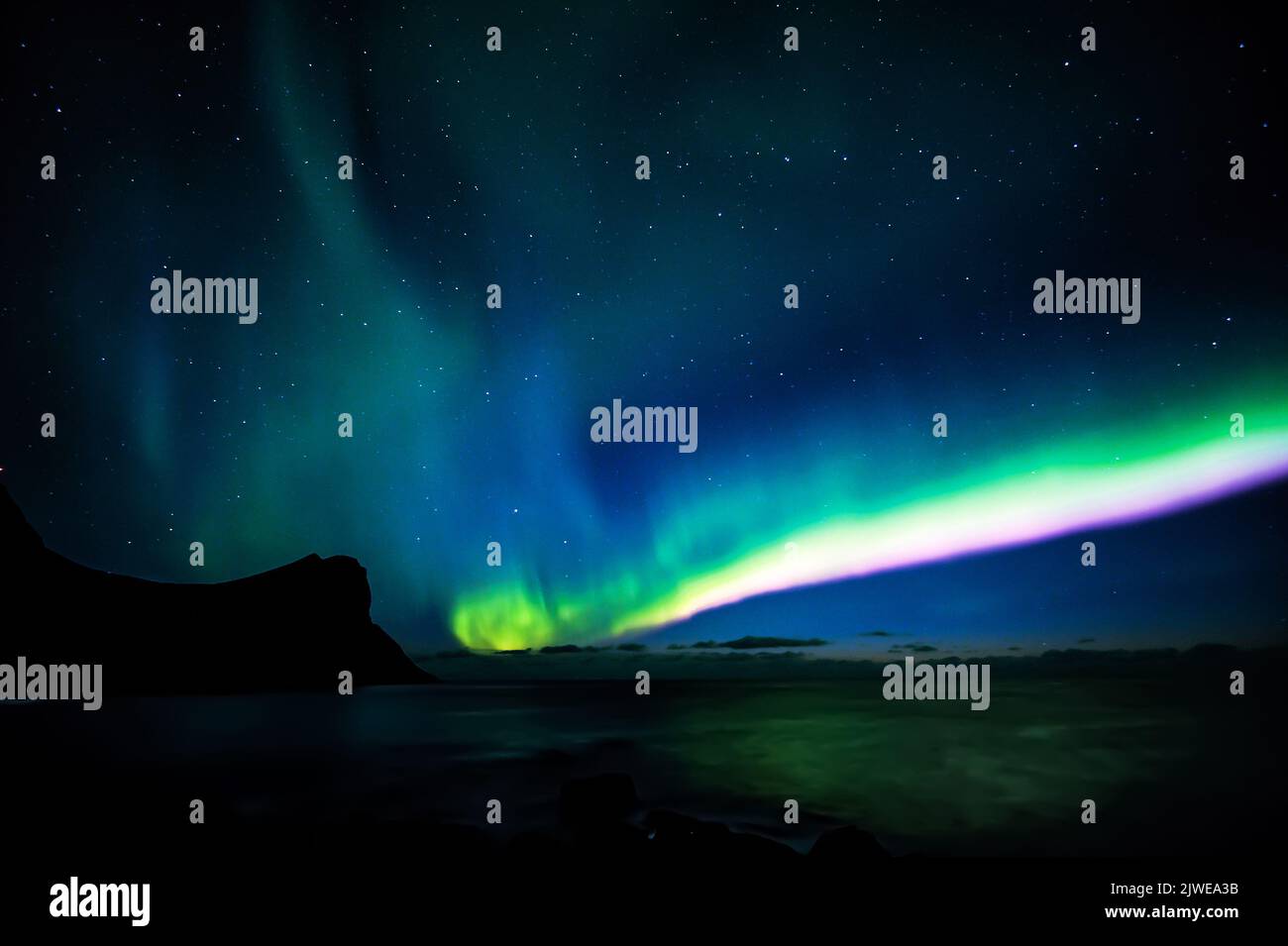 Northern lights over arctic landscape, Lofoten, Nordland, Norway Stock ...