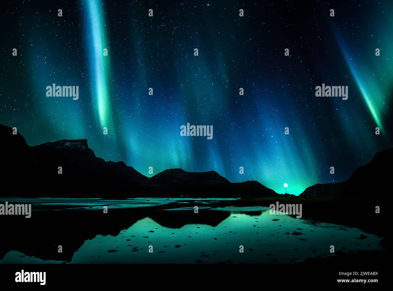 Northern lights over coastal landscape, Lofoten, Nordland, Norway Stock ...