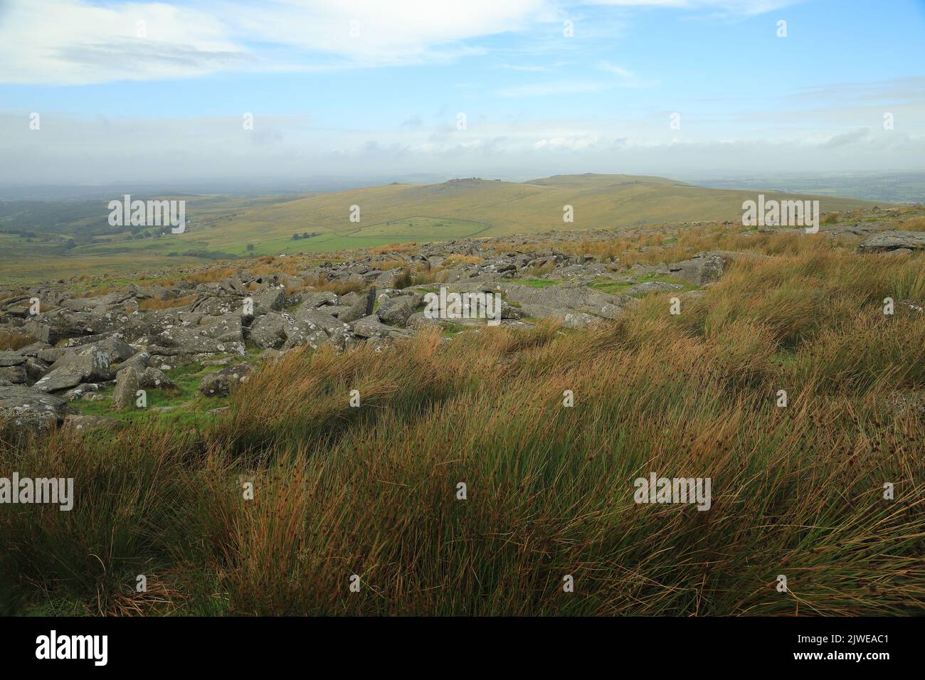 Rock stacks on Great Mis, view towards Roos tor, Dartmoor, Devon ...