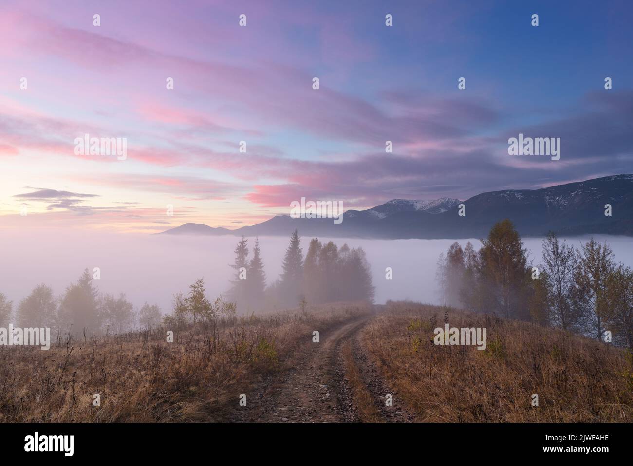 View of landscape with mountains and fog at dawn hi-res stock ...