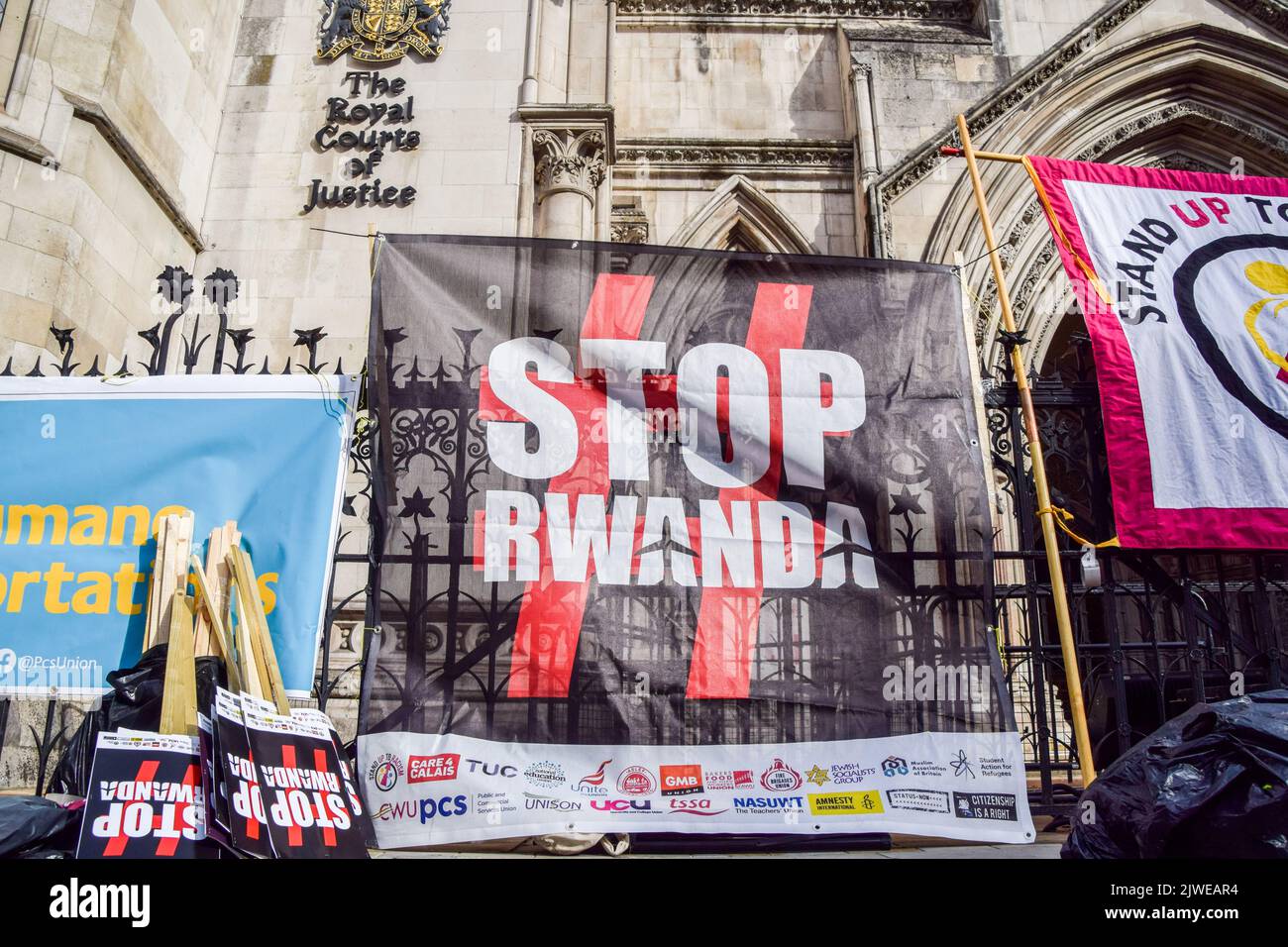 London, UK. 05th Sep, 2022. "Stop Rwanda" banner is seen during the ...