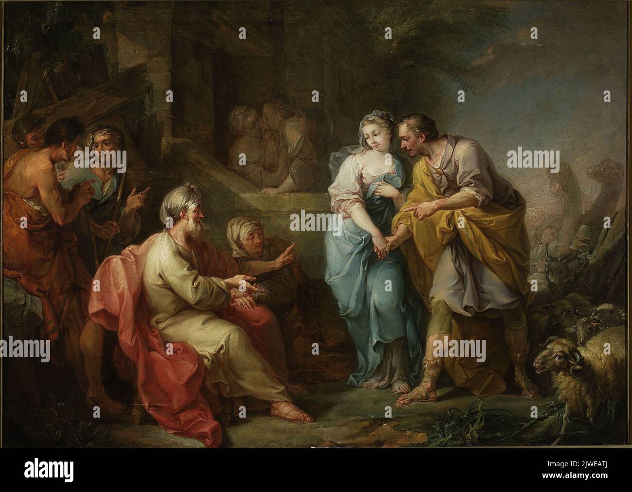 Jacob and Rachel before Laban. Malarz francuski XVIII w., painter Stock ...