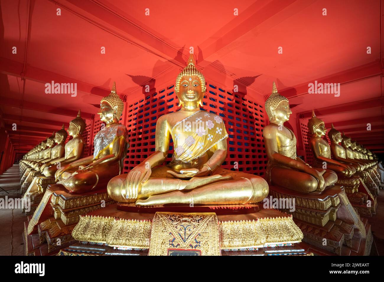 Several golden statues of Buddha statues in meditation posture are ...