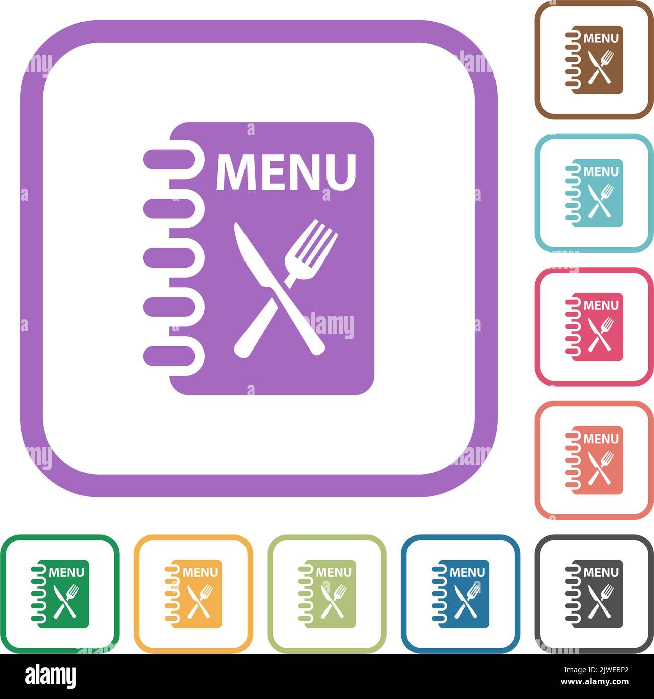 Menu with fork and knife simple icons in color rounded square frames on white background Stock ...