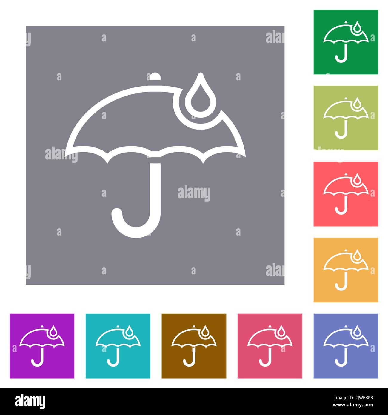 Umbrella with single raindrop outline flat icons on simple color square backgrounds Stock Vector ...