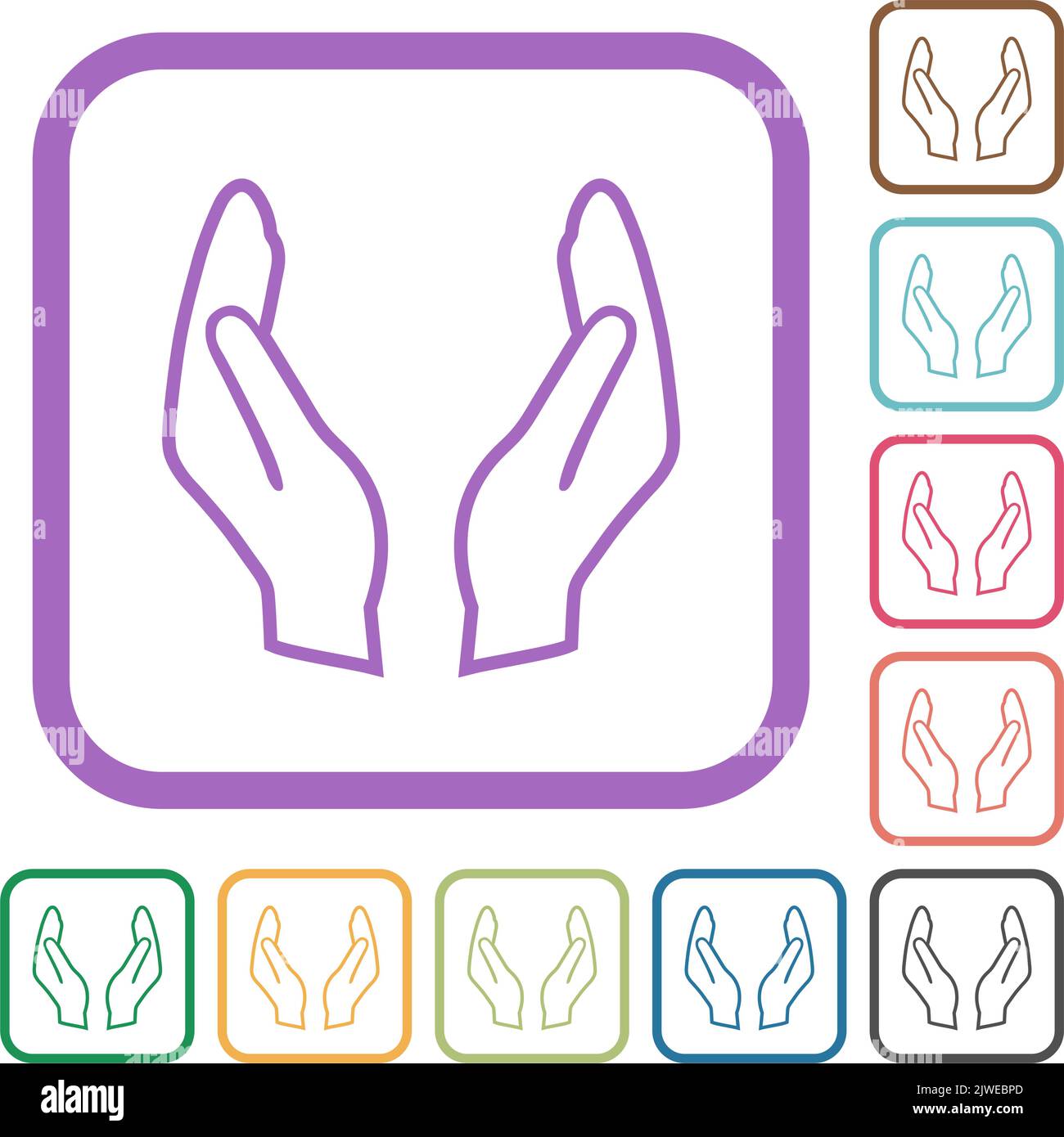 Empty protecting hands outline simple icons in color rounded square frames on white background ...