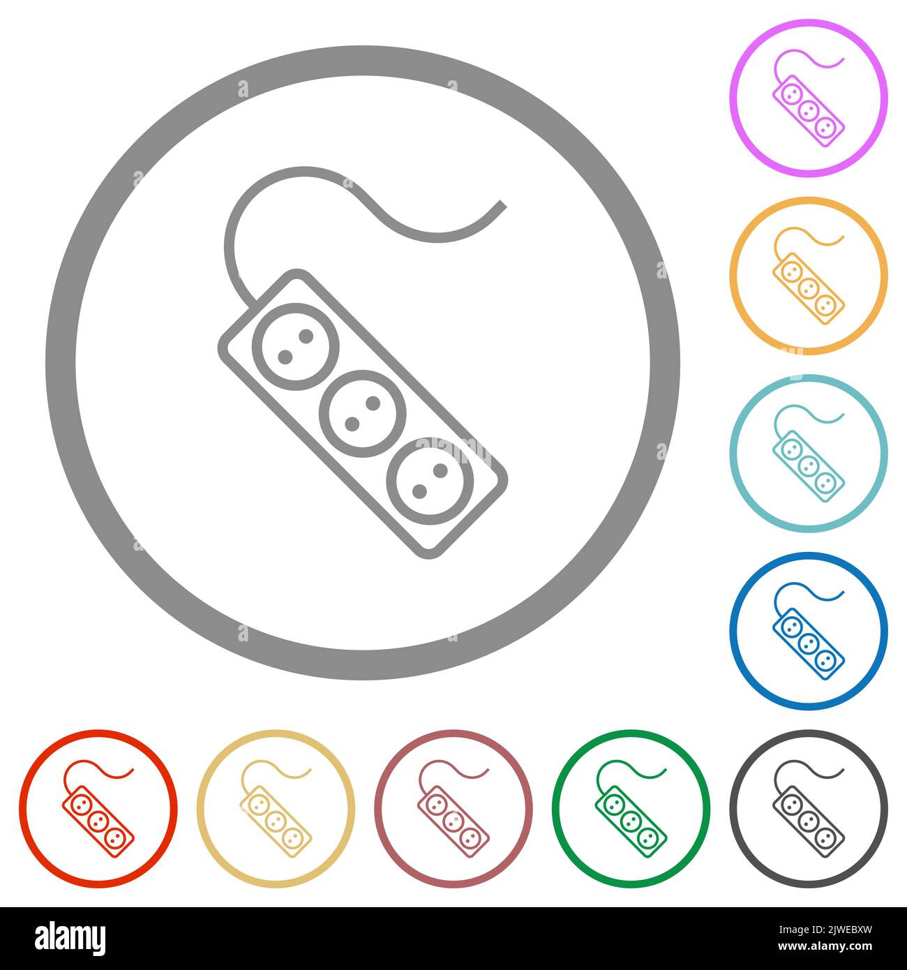 Portable electrical outlet with three sockets and cord outline flat color icons in round ...