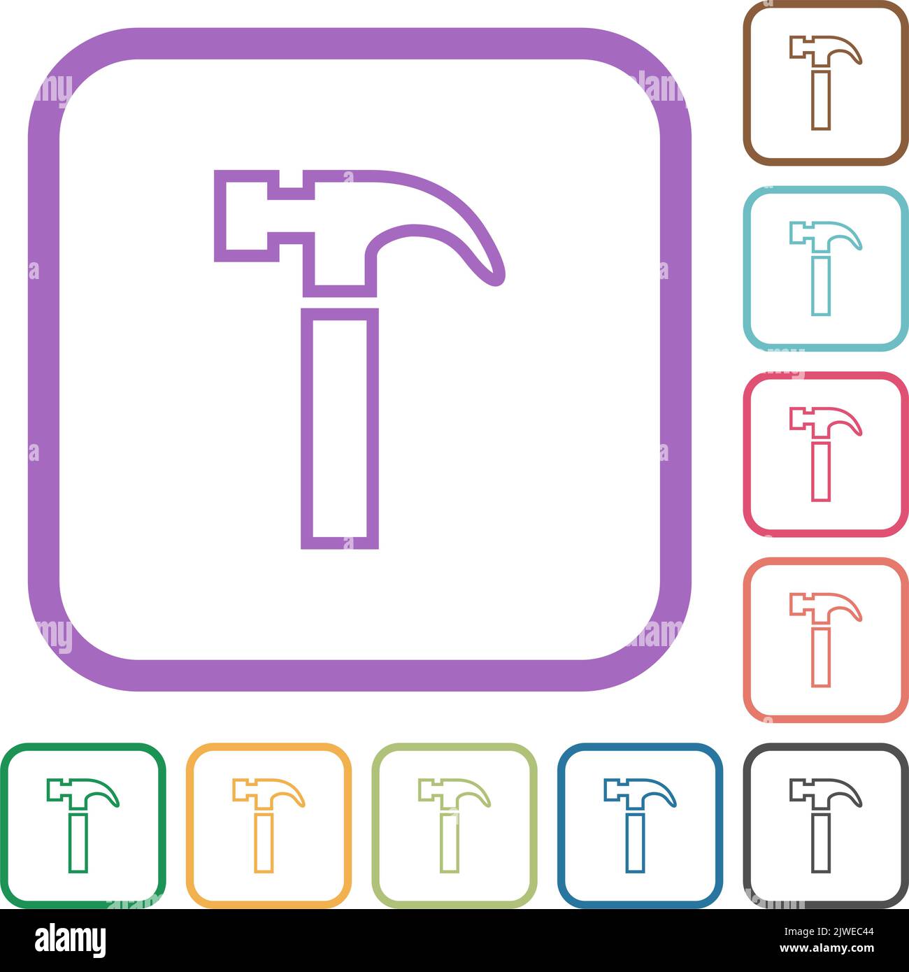 Hammer outline simple icons in color rounded square frames on white ...