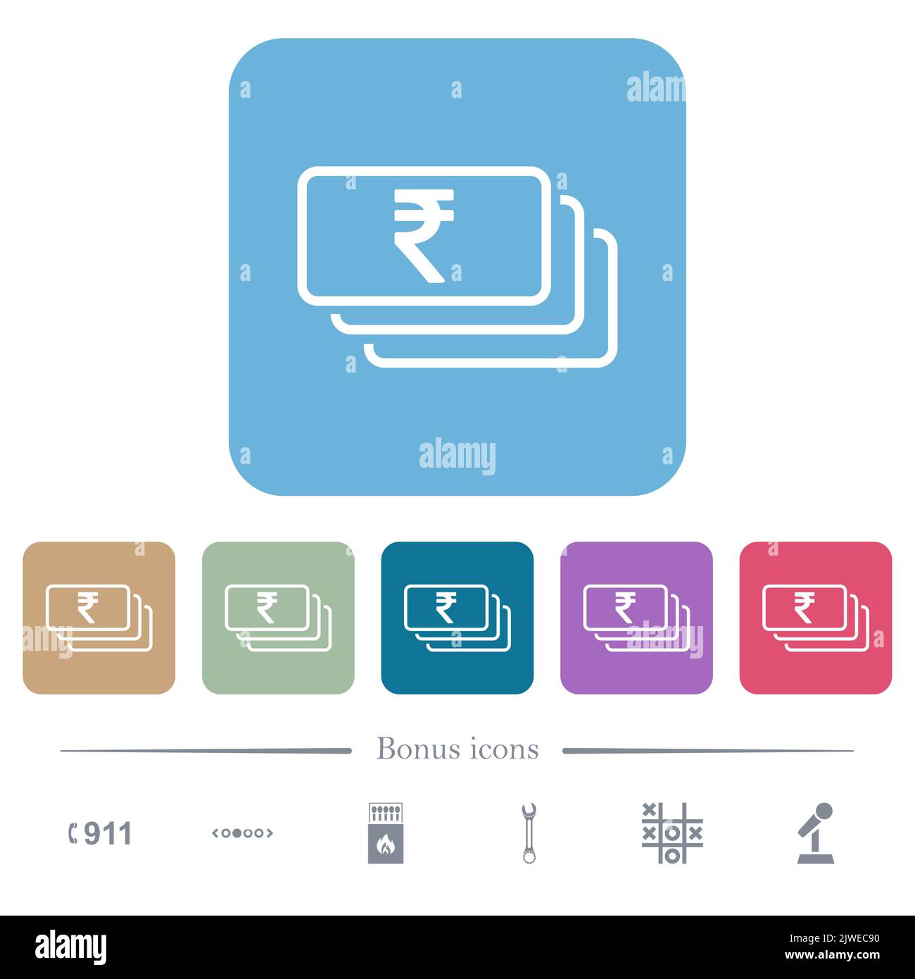 Indian Rupee banknotes outline white flat icons on color rounded square ...