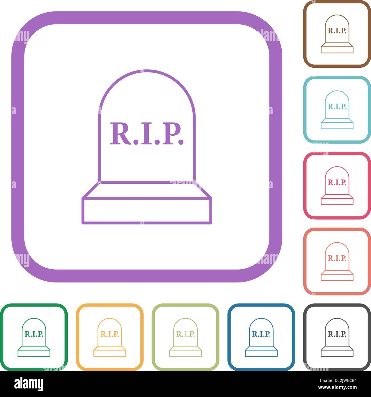 Tombstone with RIP outline simple icons in color rounded square frames on white background Stock ...