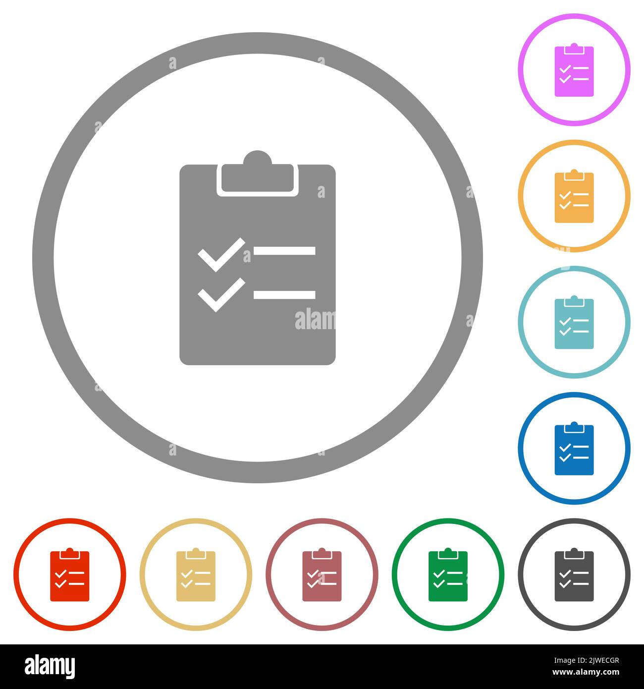 Checklist solid flat color icons in round outlines on white background ...