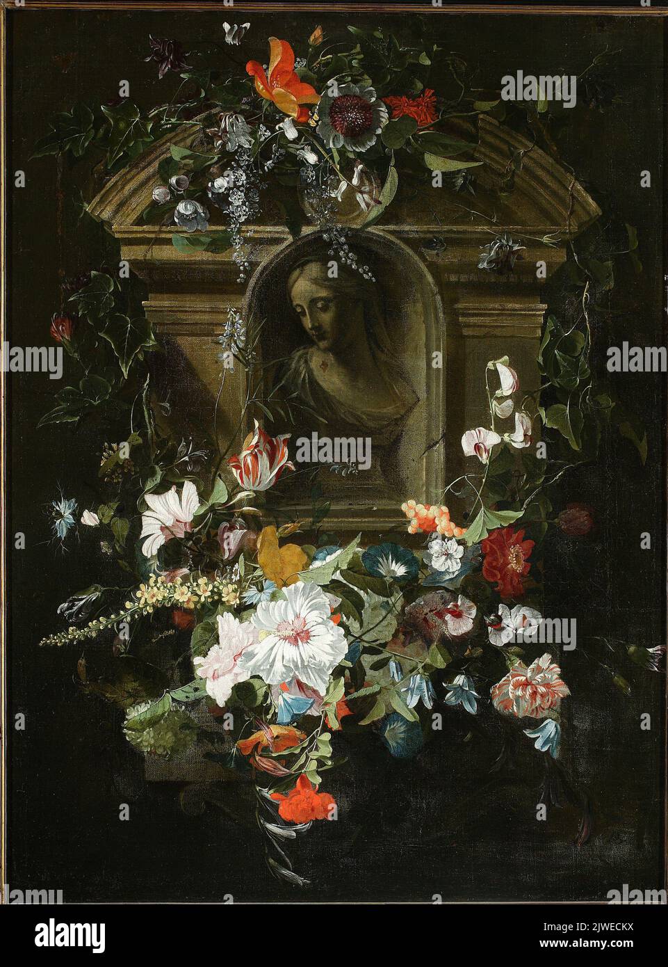 Bust of a woman in a circle of flowers. Seghers, Daniel (1590-1661 ...