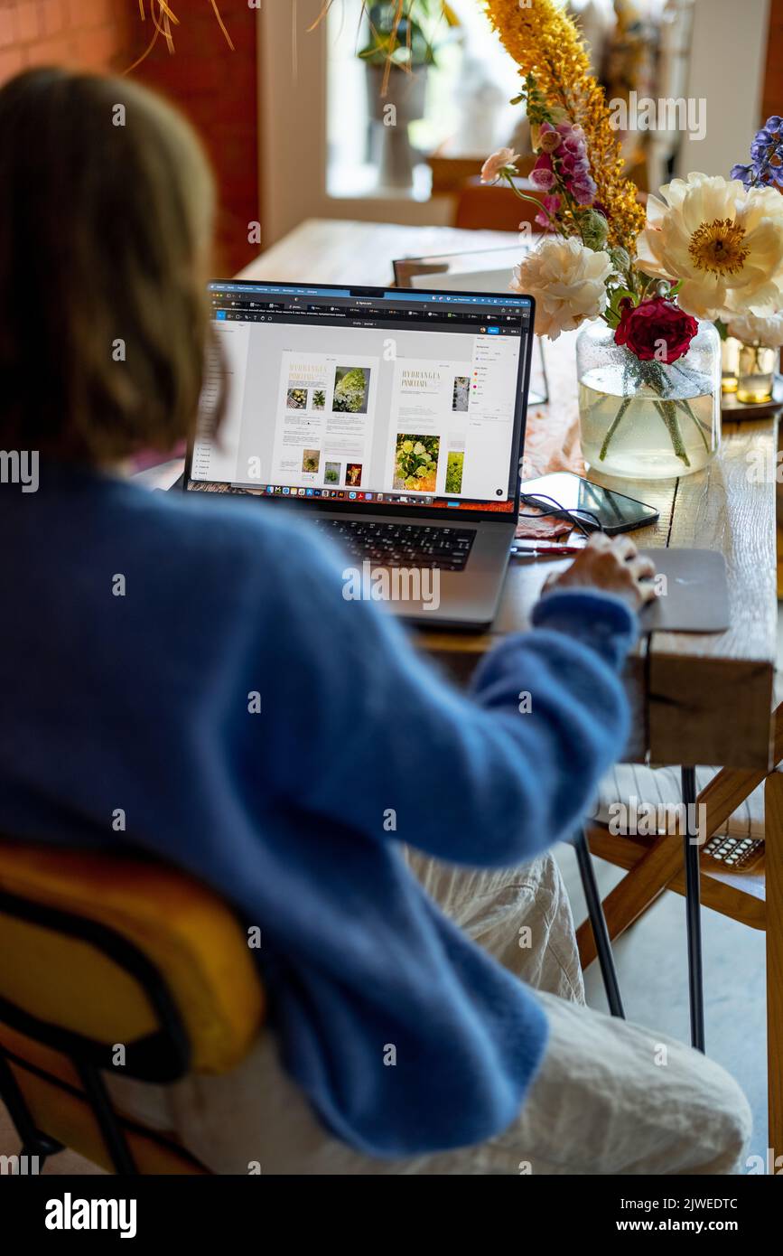 Woman works on laptop while sitting by wooden table Stock Photo - Alamy