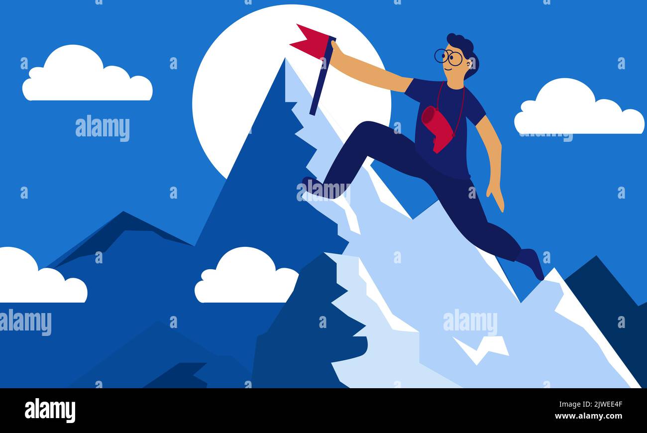 Success mountain goal with flag and man. Businessman achieve top hill ...