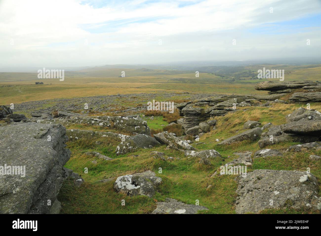 Rock stacks on Great Mis, view towards Roos tor, Dartmoor, Devon ...