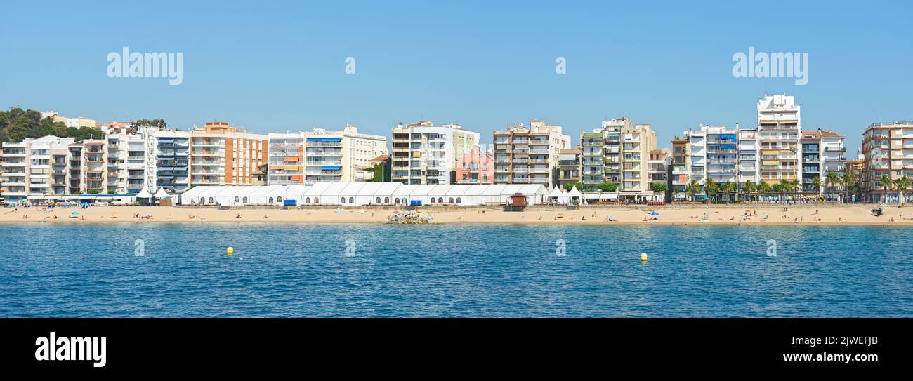 Closeup panoramic view of Blanes beach and coastal hotels, Costa Brava ...