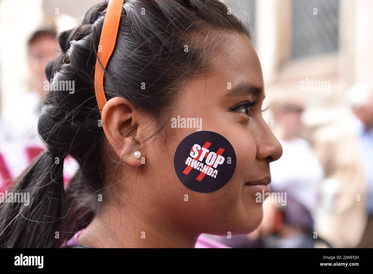 London, England, UK. 5th Sep, 2022. A girl with a sticker which reads ...