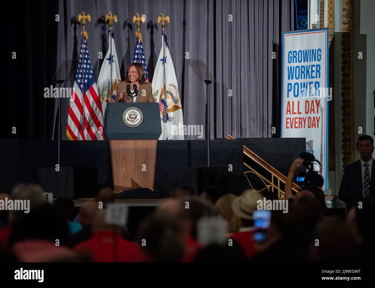 Boston, US, September 5, 2022. U.S. Vice President Kamala Harris speaks ...
