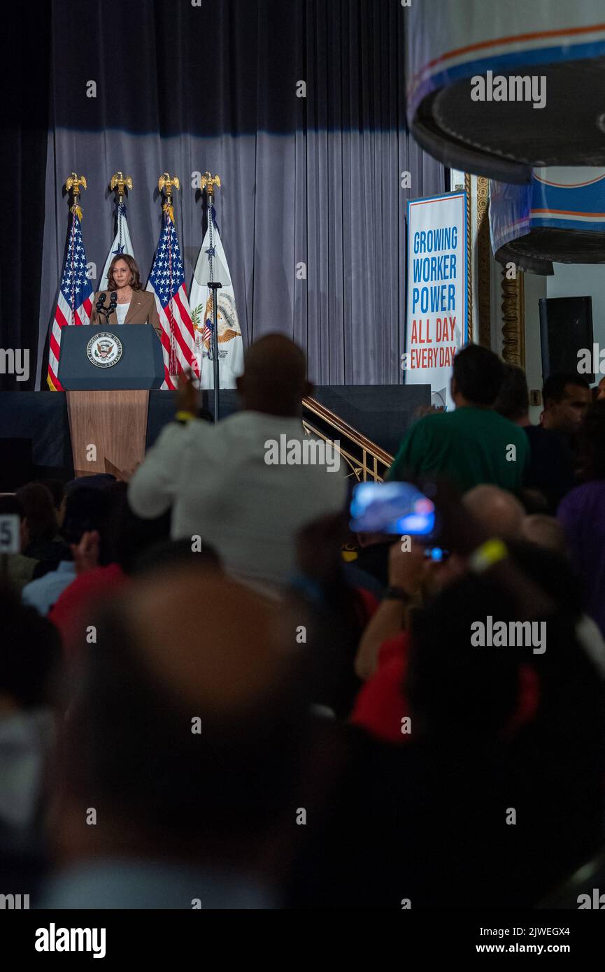 Boston, US, September 5, 2022. U.S. Vice President Kamala Harris speaks ...