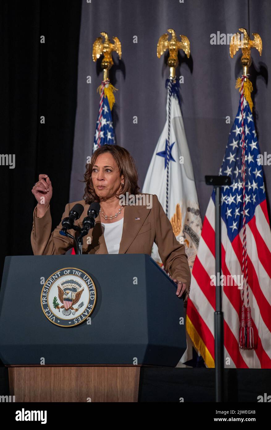 Boston, US, September 5, 2022. U.S. Vice President Kamala Harris speaks ...