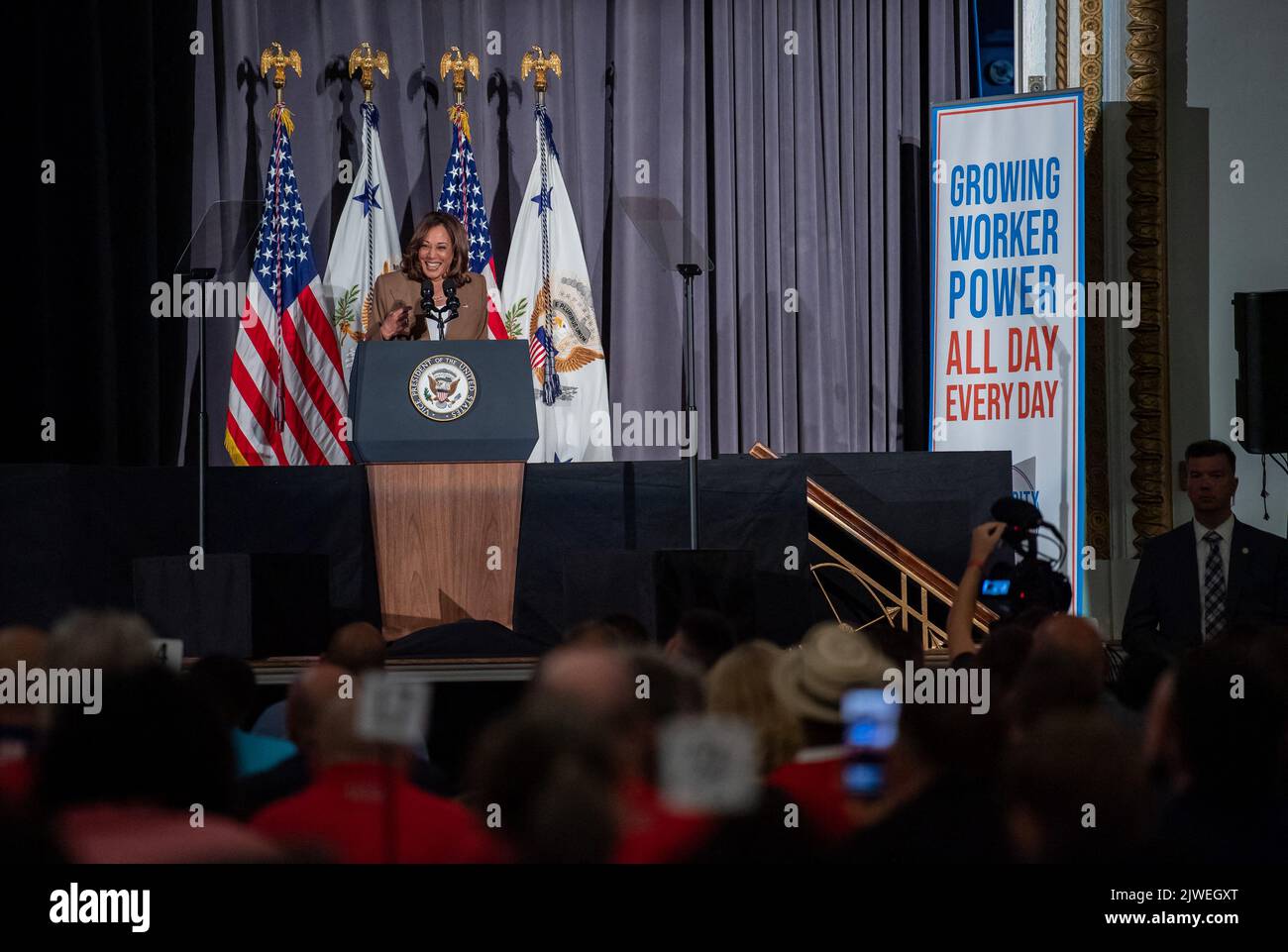 Boston, US, September 5, 2022. U.S. Vice President Kamala Harris speaks ...