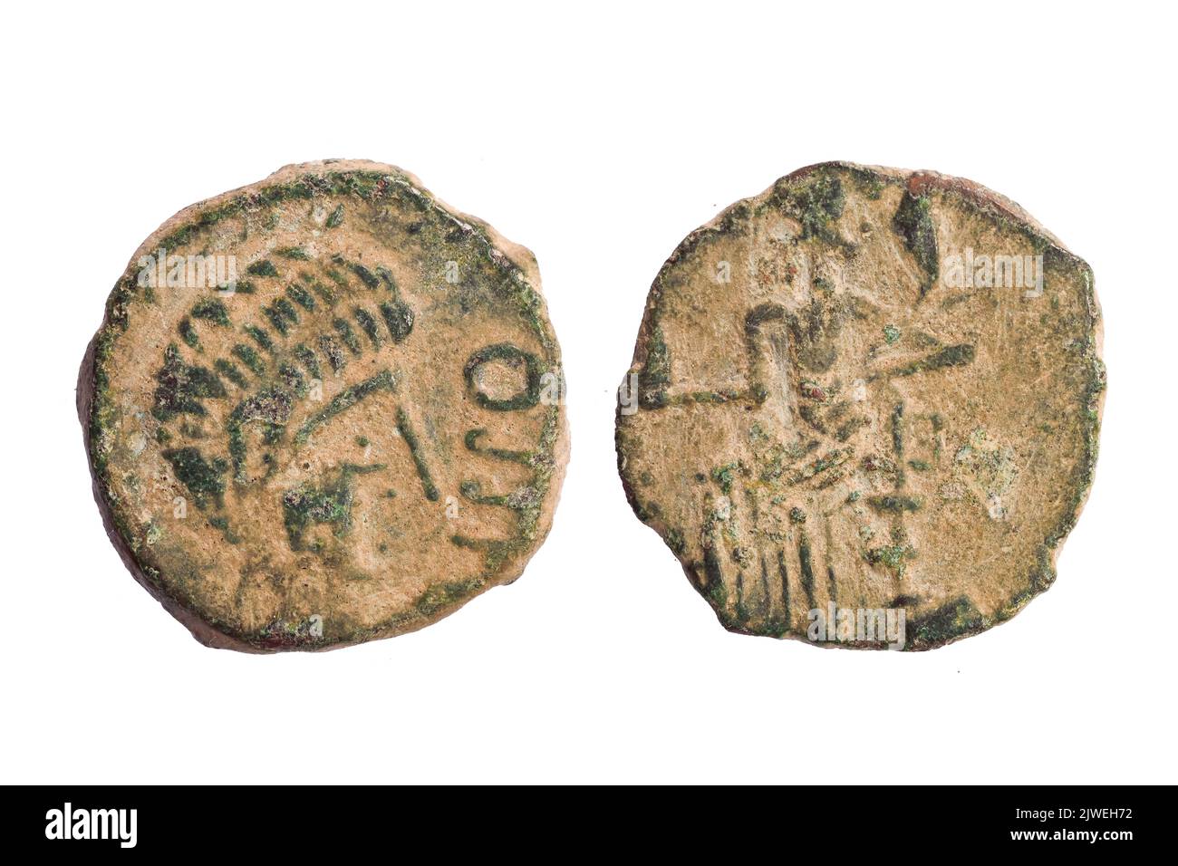 Roman bronze coin. Front and back on white background Stock Photo - Alamy