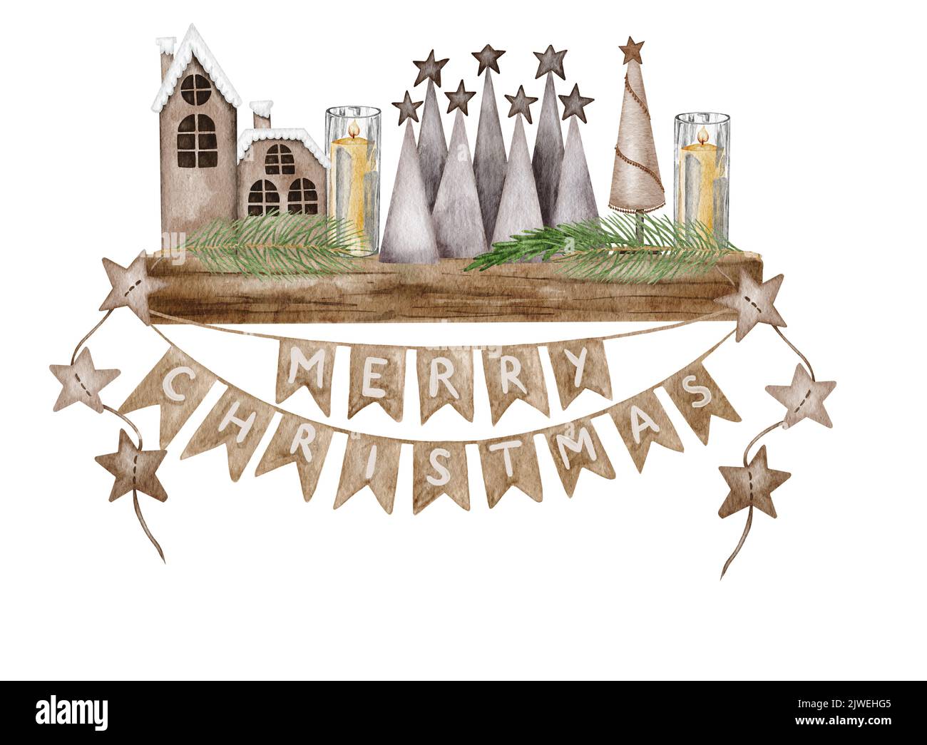 Watercolor fireplace decoration. Hand painted holiday illustration with ...