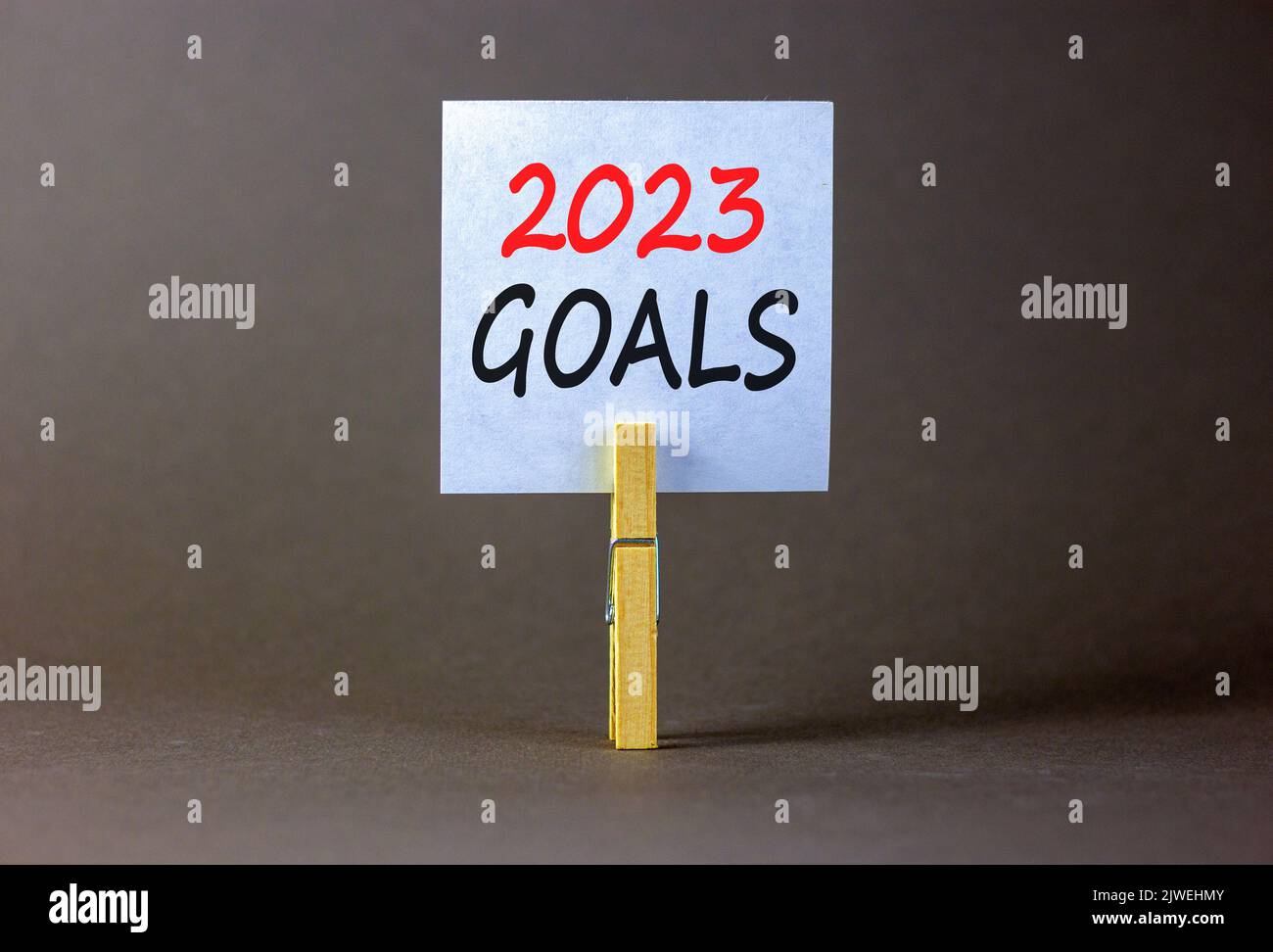 2023 Goals symbol. White paper with words 2023 Goals, clip on wooden ...