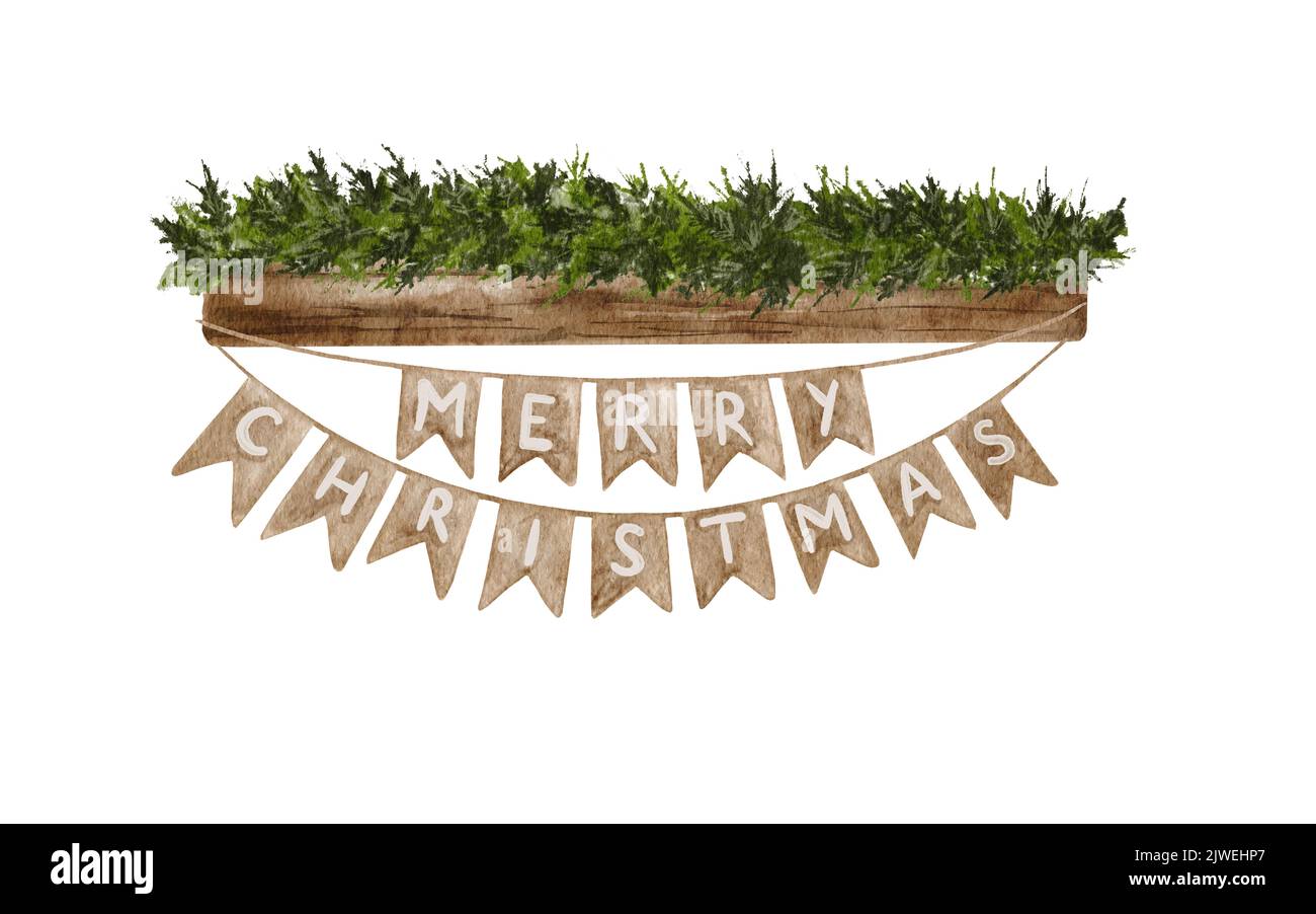 Watercolor fireplace decoration. Hand painted holiday illustration with ...