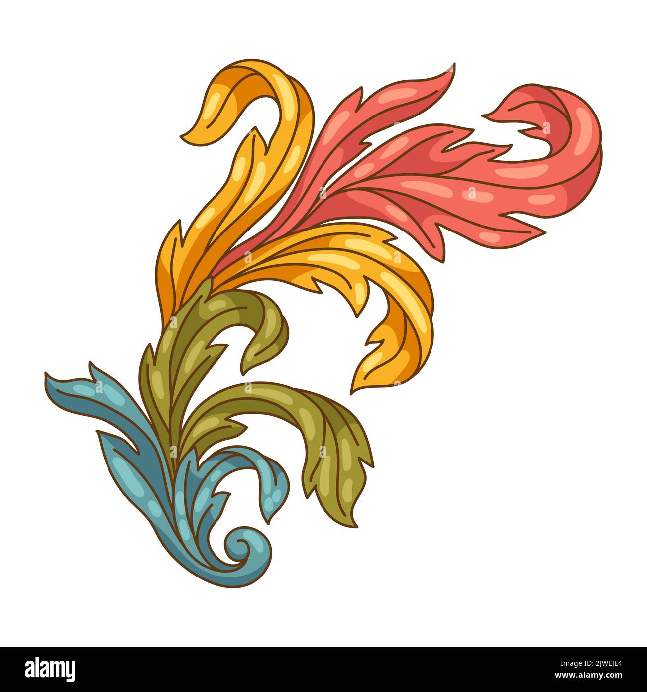 Decorative floral element in baroque style. Colorful curling plant ...