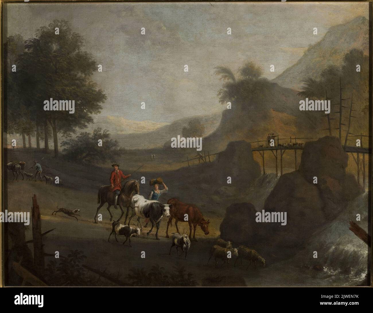 Landscape with a wooden bridge and cattle. Maas, Jan, de Jonge (1655 ...