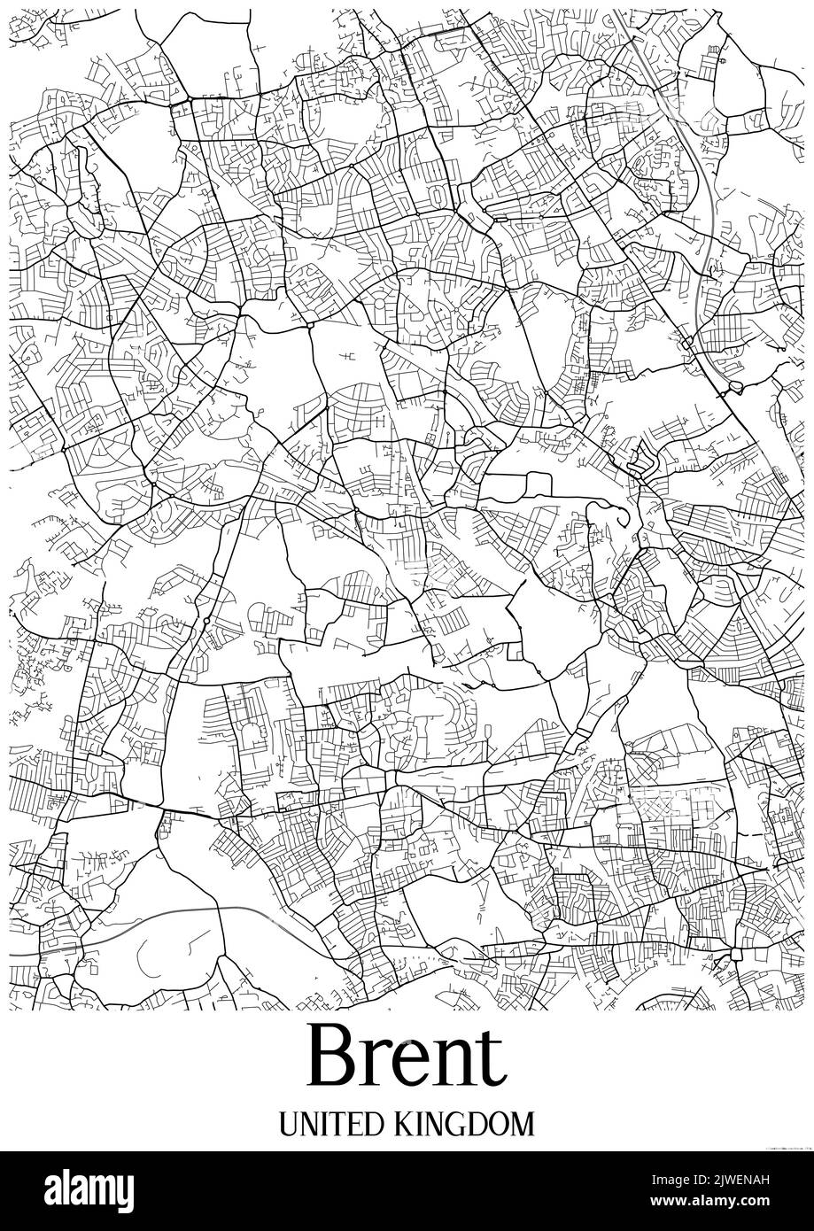Black and white classic urban map of Brent United Kingdom.This map ...